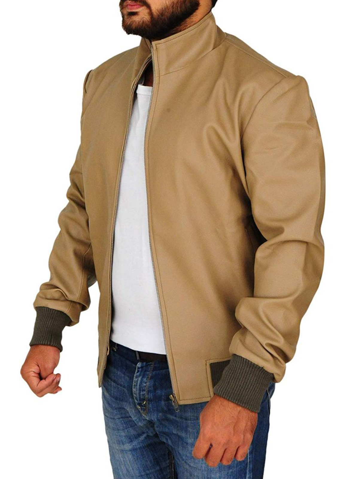 Men’s Classic Antique Beige Leather Jacket – Bay Perfect