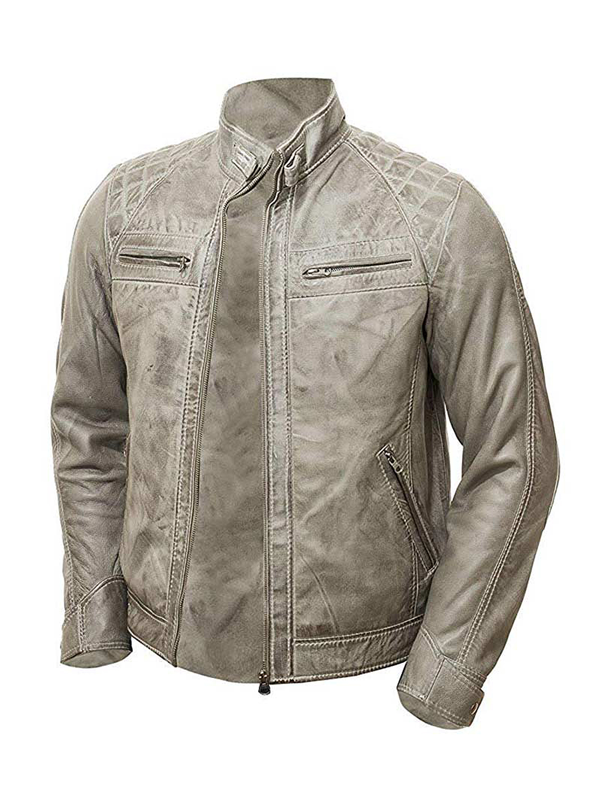 Men’s Vintage Grey Two Tone Genuine Leather Biker Jacket – Bay Perfect