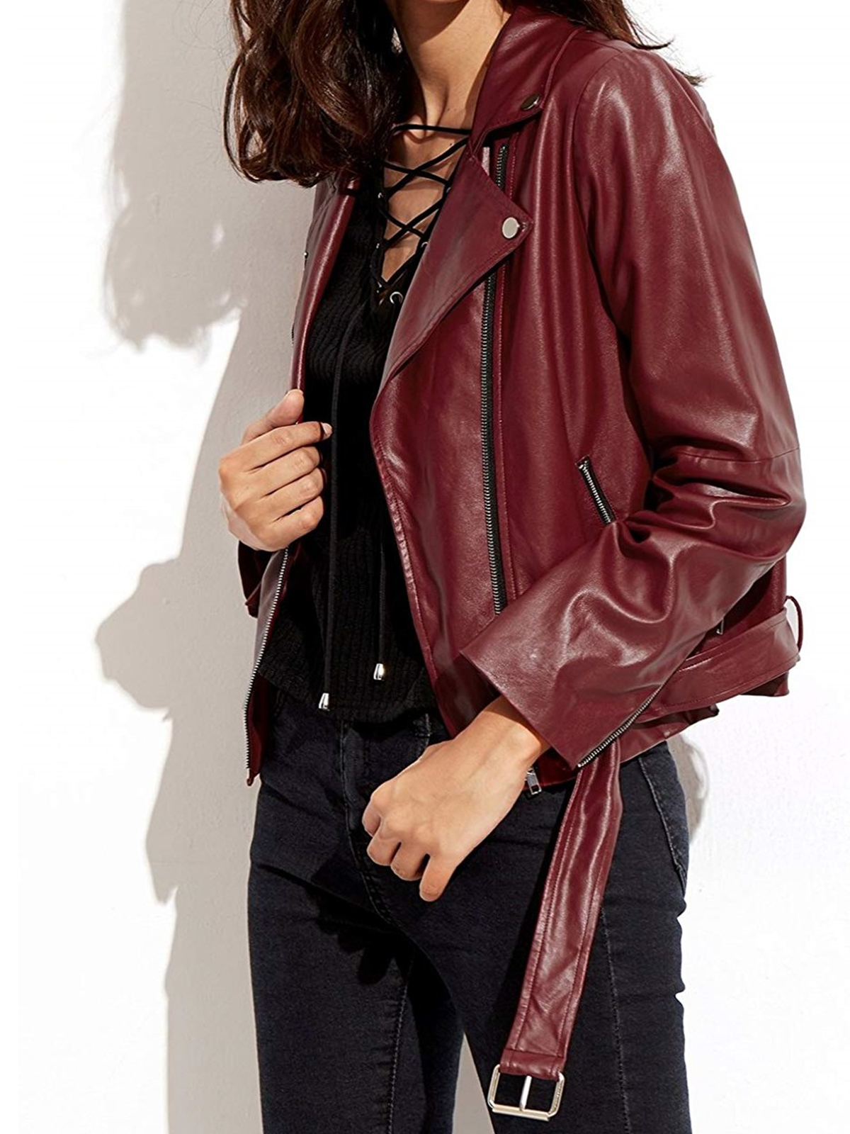 Women’s Burgundy Biker Moto Leather Jacket – Bay Perfect
